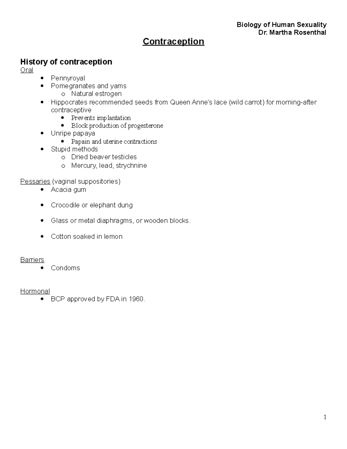 9- Contraception - Lecture notes 9 - Biology of Human Sexuality Dr ...