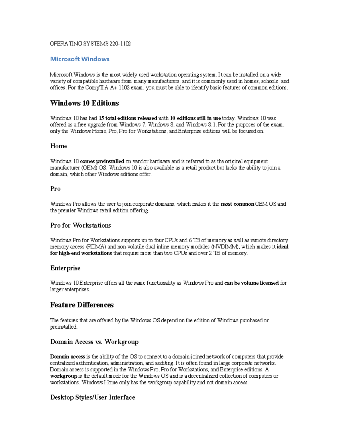Comptia A+ 22011 02 - notes for 220-1102 - OPERATING SYSTEMS 220- 1102 ...