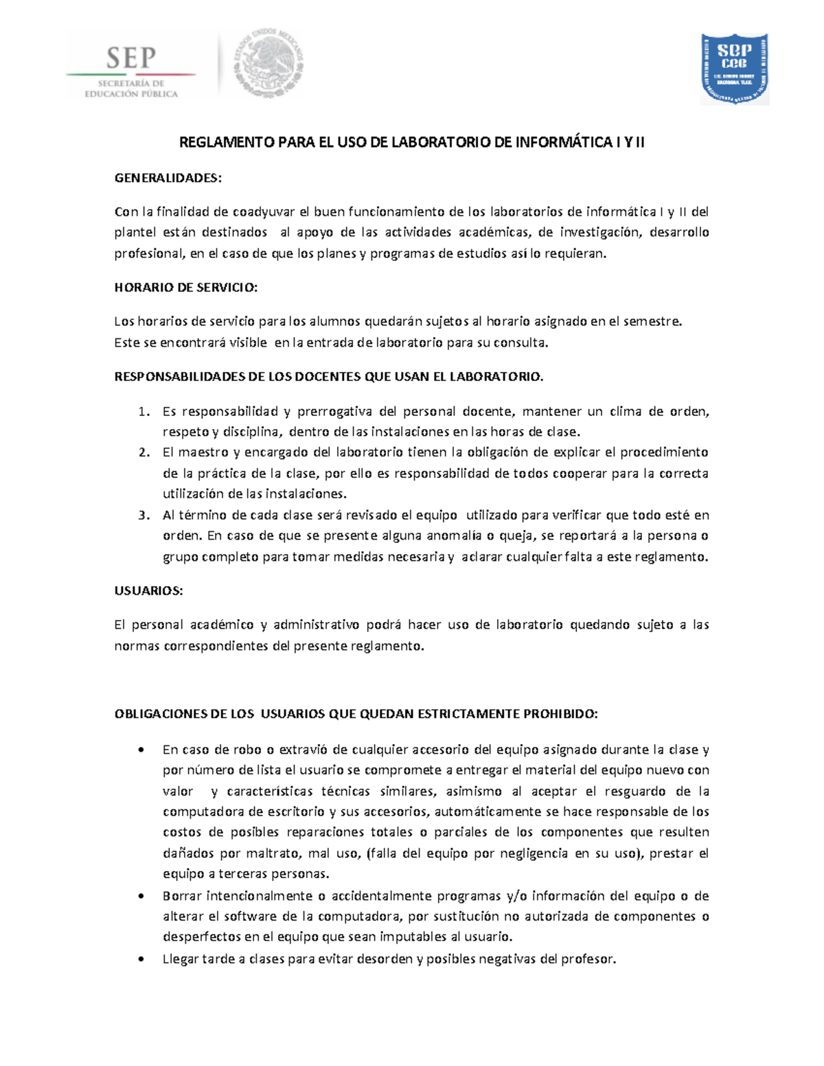 REG. LAB. INF. I Y II 2022 - Nuevo pdf - REGLAMENTO PARA EL USO DE ...