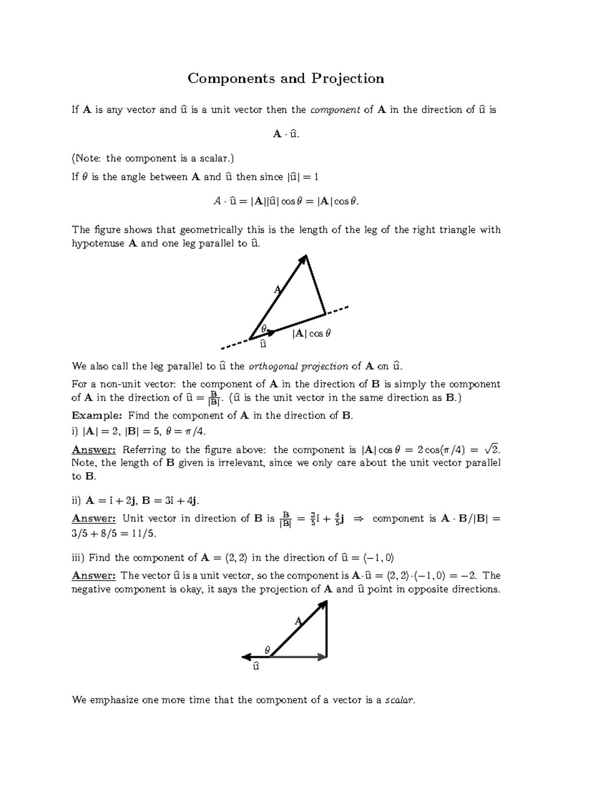 Components and Projection - (Note: the component is a scalar.) If θ is ...