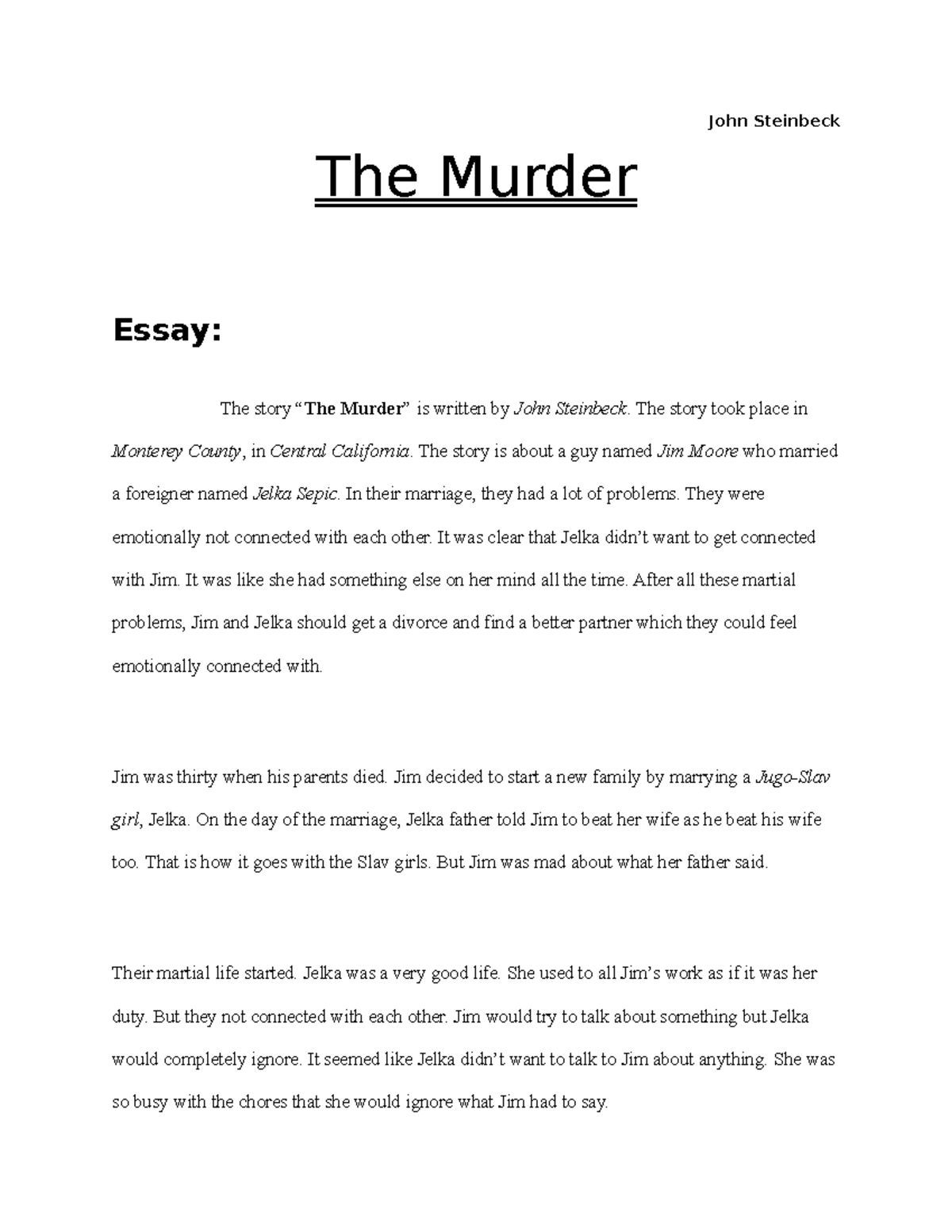 John Steinbeck Summary - John Steinbeck The Murder Essay: The story ...