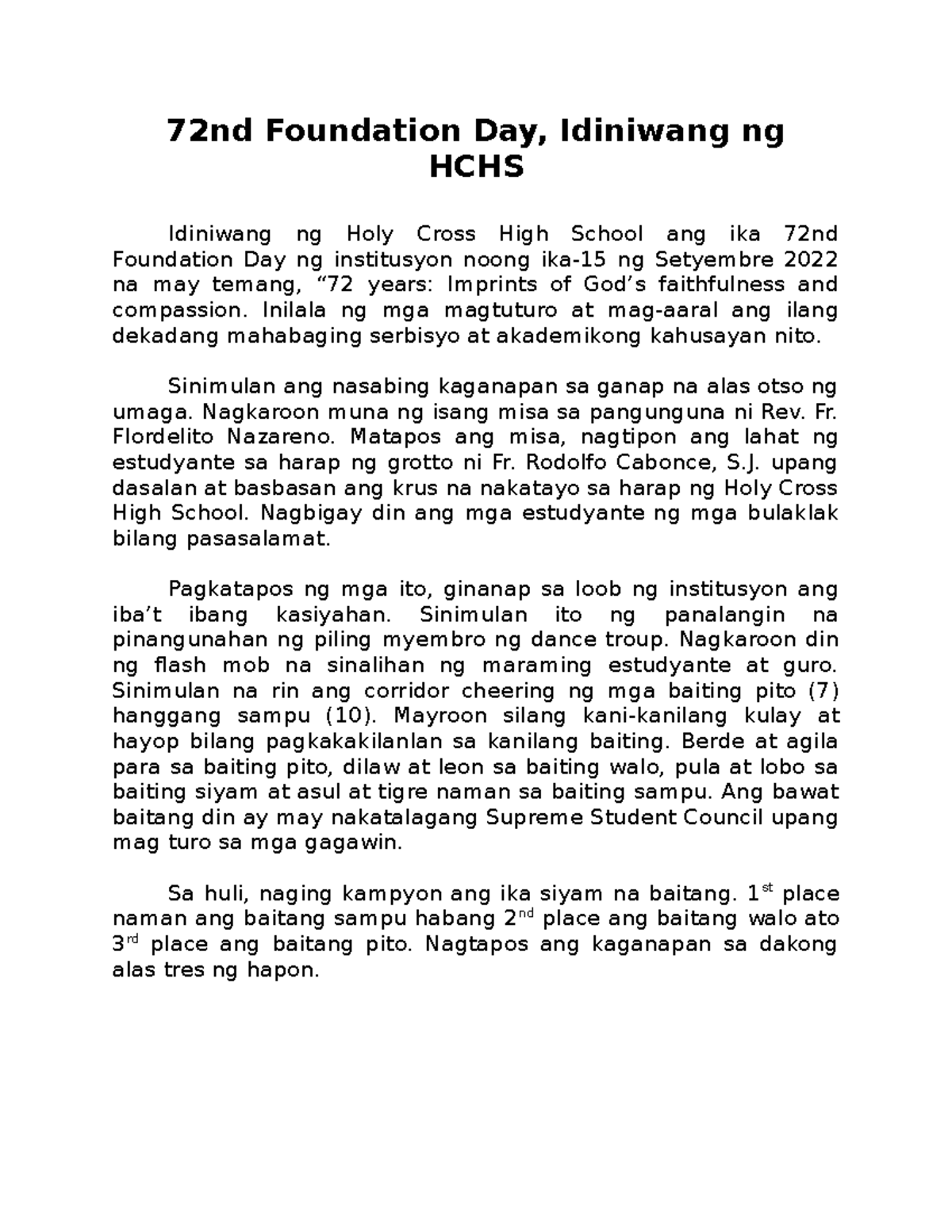 72nd Foundation Day - news report - 72nd Foundation Day, Idiniwang ng ...