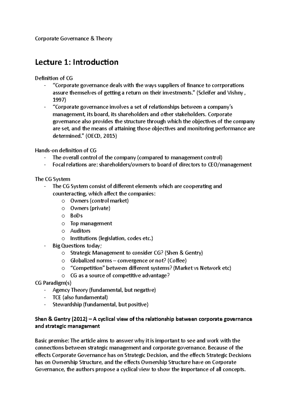 Corporate Governance - Notes - Corporate Governance & Theory Lecture 1 ...