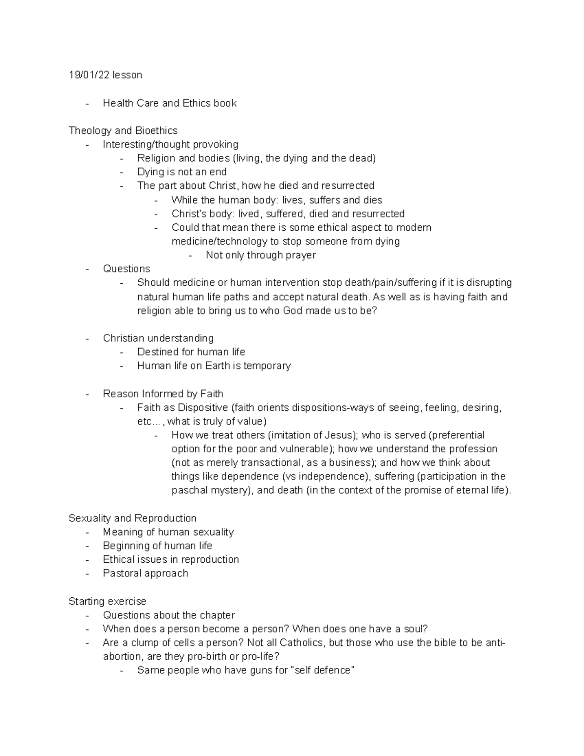 Intro to Catholic Biomedical Ethics Class Notes - 19/01/22 lesson ...