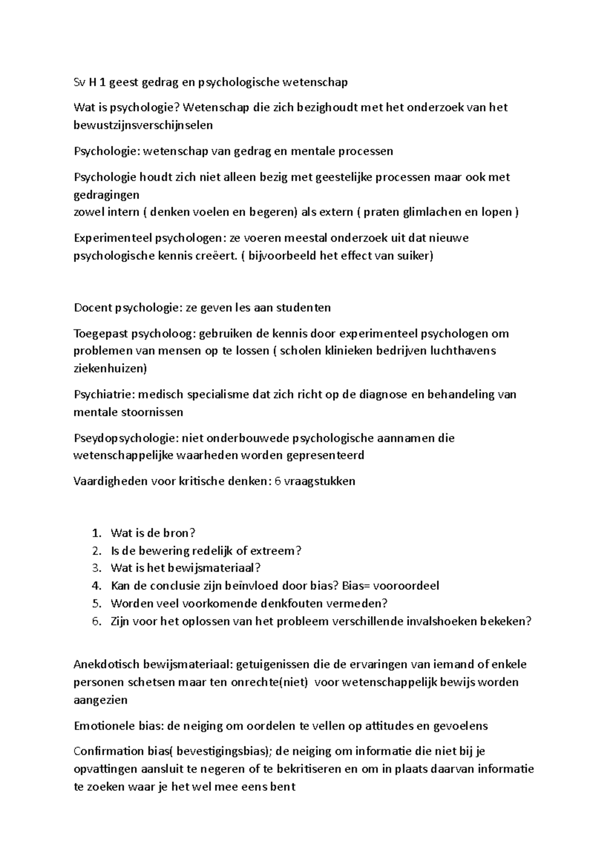 Samenvatting H1 Sv H 1 Geest Gedrag En Psychologische Wetenschap Wat