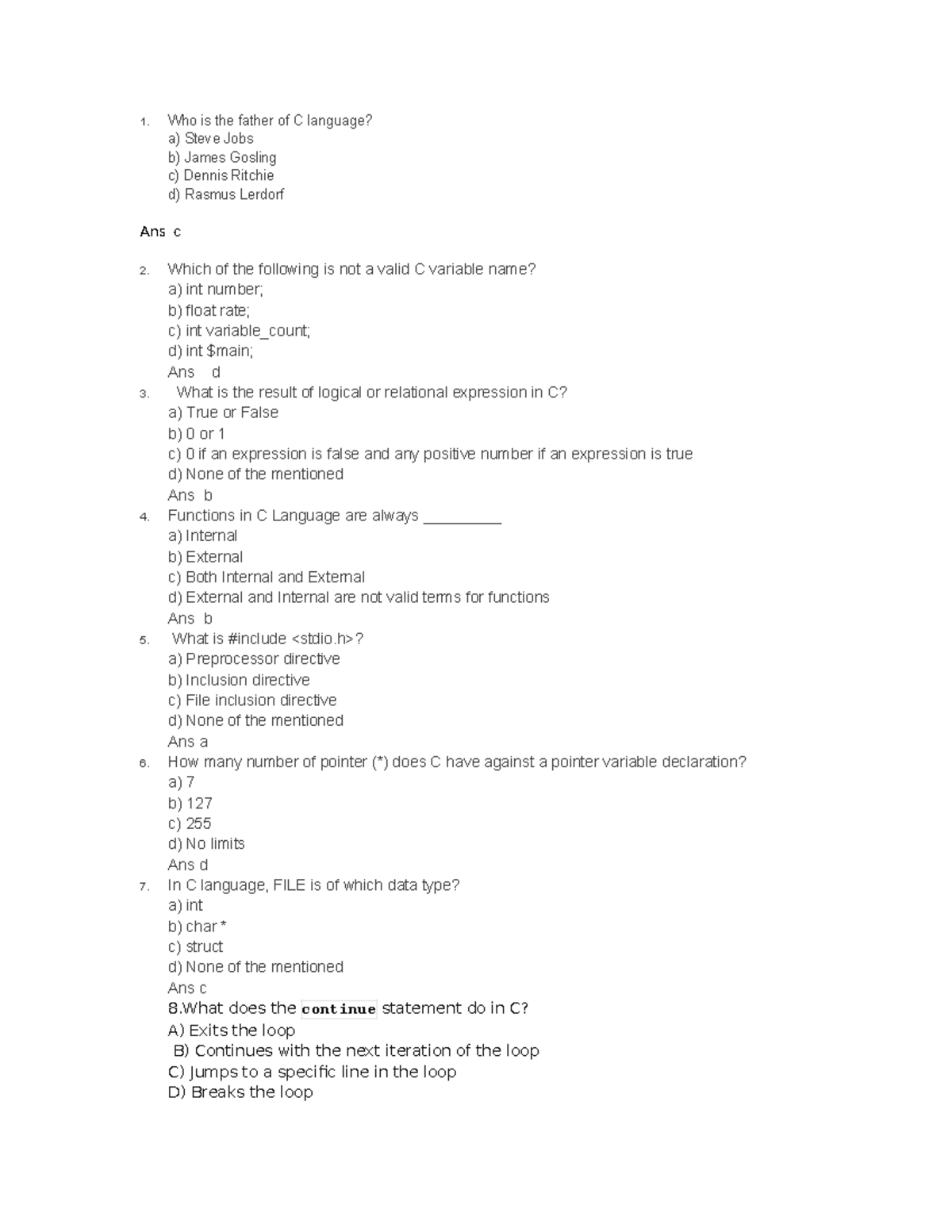 C ca mcq.final - 1. Who is the father of C language? a) Steve Jobs b ...