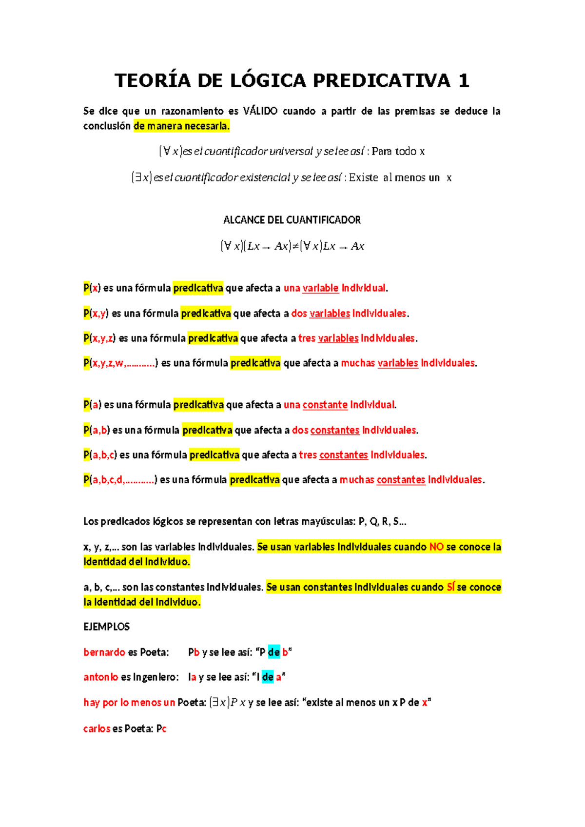 Teoría DE Lógica Predicativa 1 - TEORÍA DE LÓGICA PREDICATIVA 1 Se dice ...
