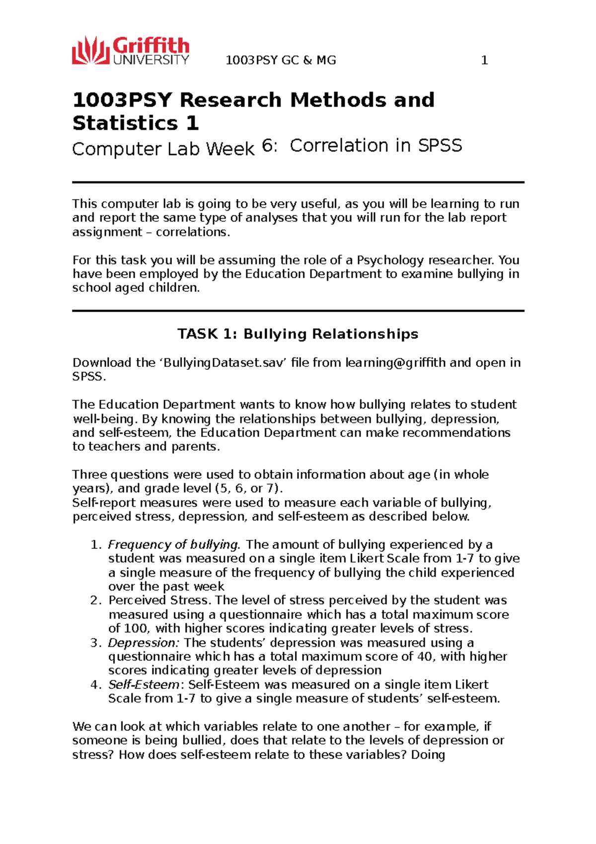 Worksheet Week 6 Computer Lab(1) - 1003PSY Research Methods and Statistics 1 Computer Lab Week 6 ...