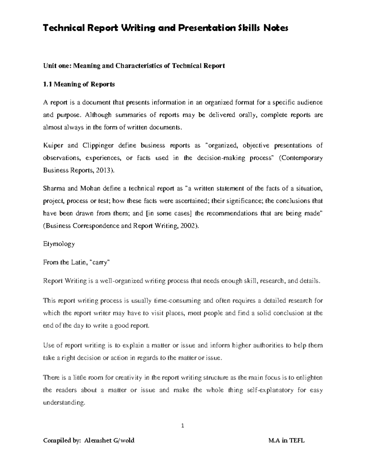 Report Writing notes for internship - 1 Unit one: Meaning and ...