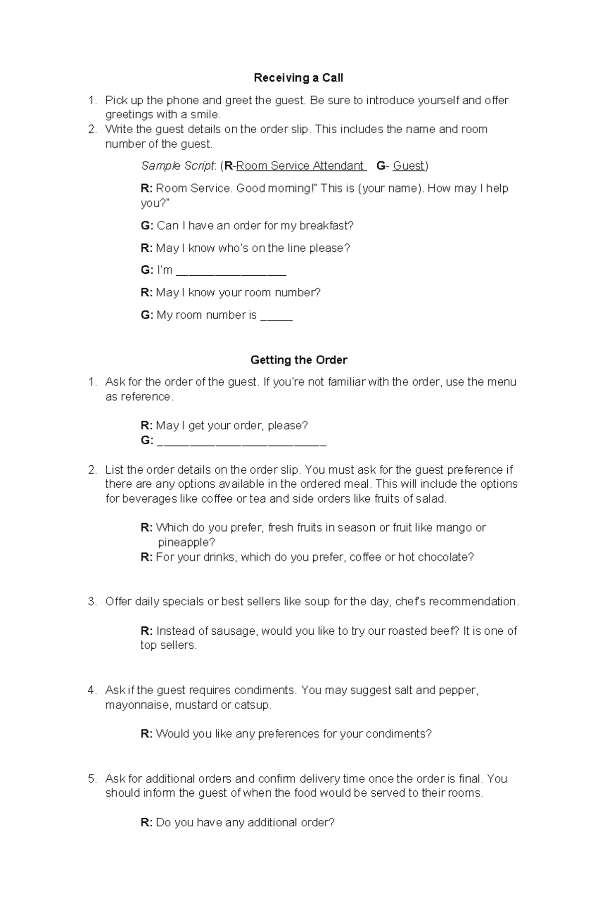 ROOM Service Script AND Guide 2 - Receiving a Call Pick up the phone ...
