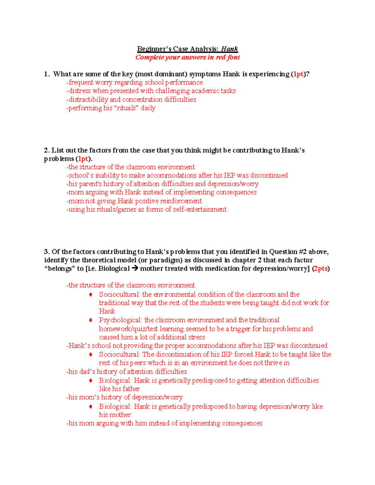 Practice Hank Worksheet - Beginner’s Case Analysis: Hank Complete your ...