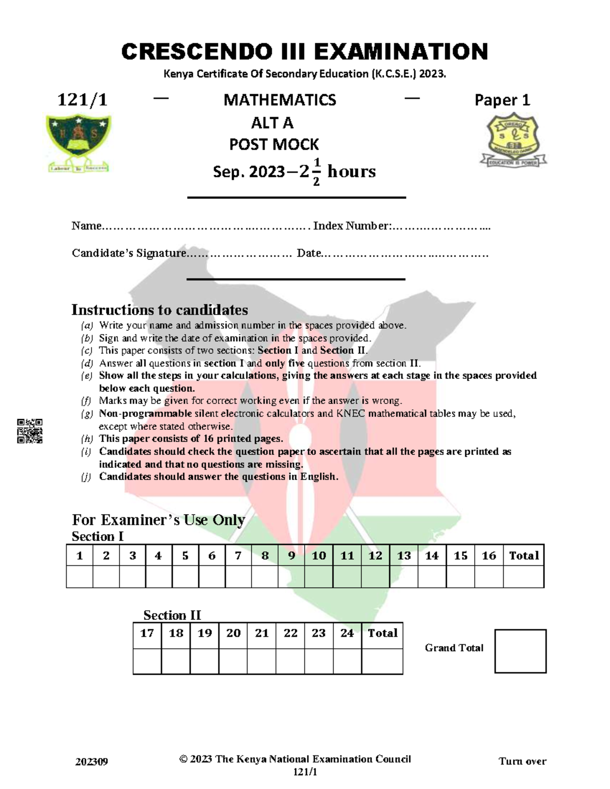 Crescendo 3 2023 MATH PP1 QS-1 - © 2023 The Kenya National Examination ...