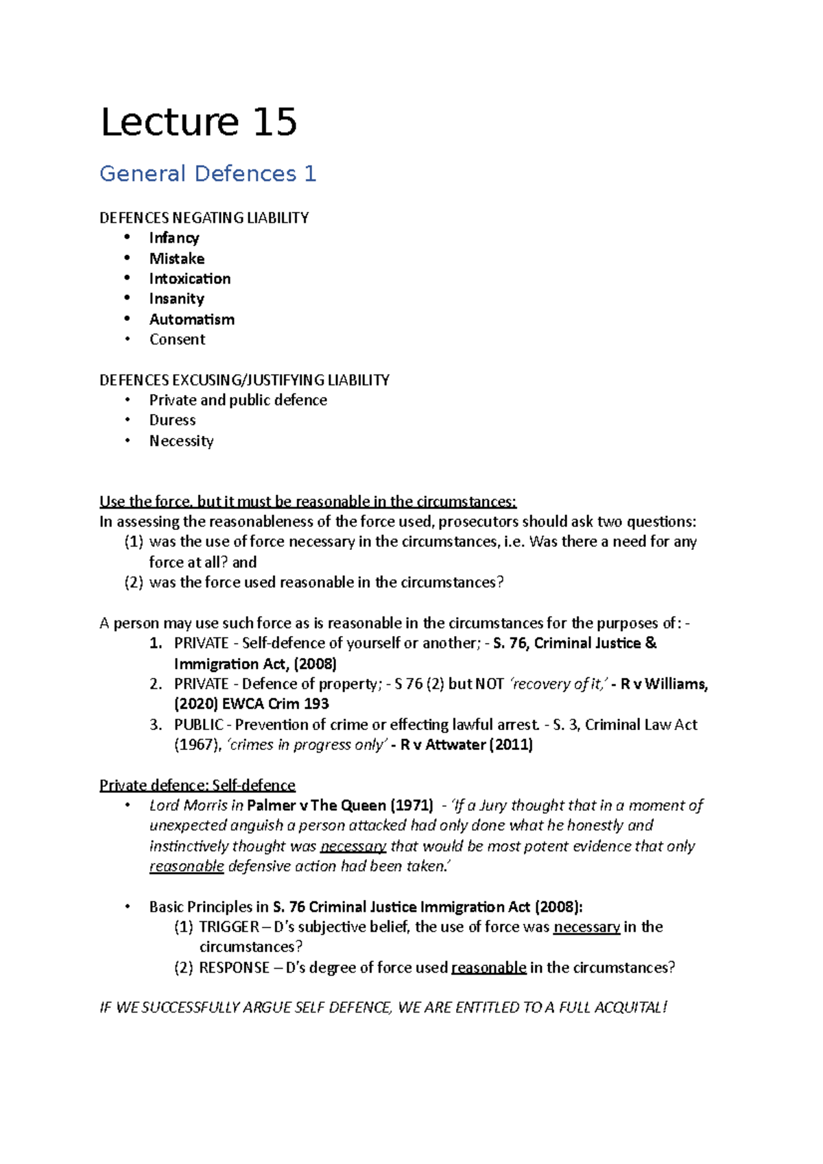 Lecture 15 - Alison Cronin - Lecture 15 General Defences 1 DEFENCES ...