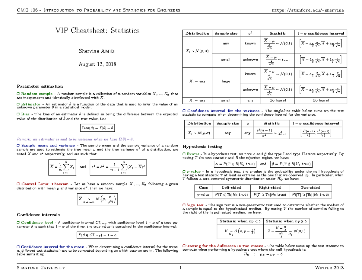 7. Statistics Cheat Sheet - CME 106 – Introduction to Probability and ...