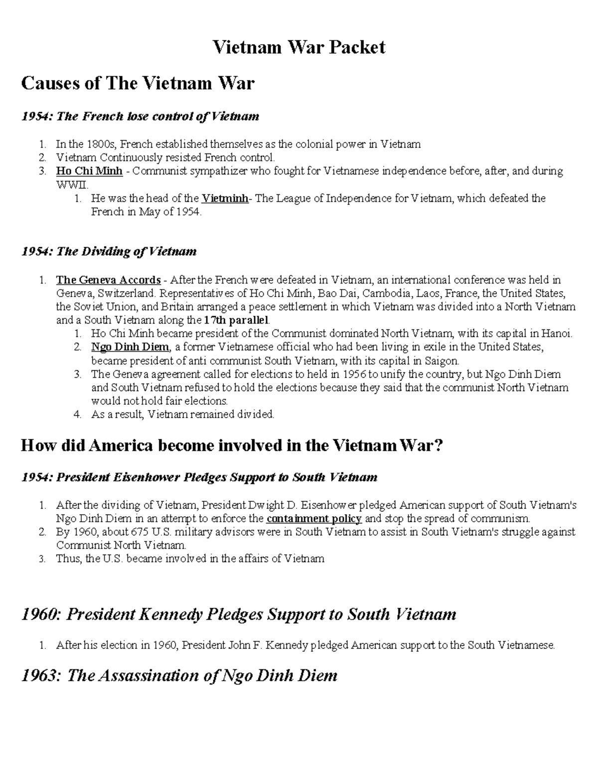 Vietnam War Packet - Vietnam War Packet Causes of The Vietnam War 1954 ...