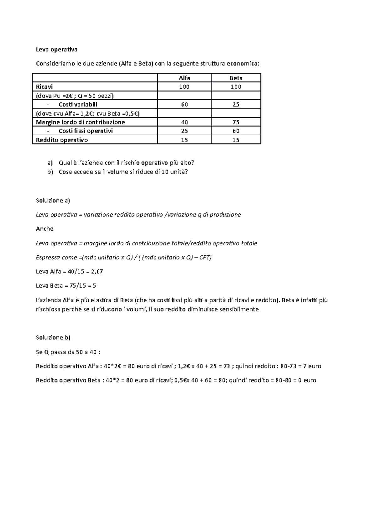 17.esercizio leva operativa con soluzione - Leva operativa Consideriamo ...