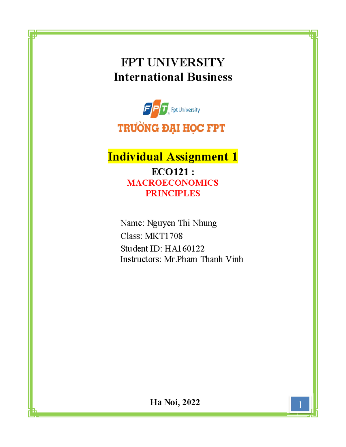 Nhung - Indi ass - ECO121 - FPT UNIVERSITY International Business ...