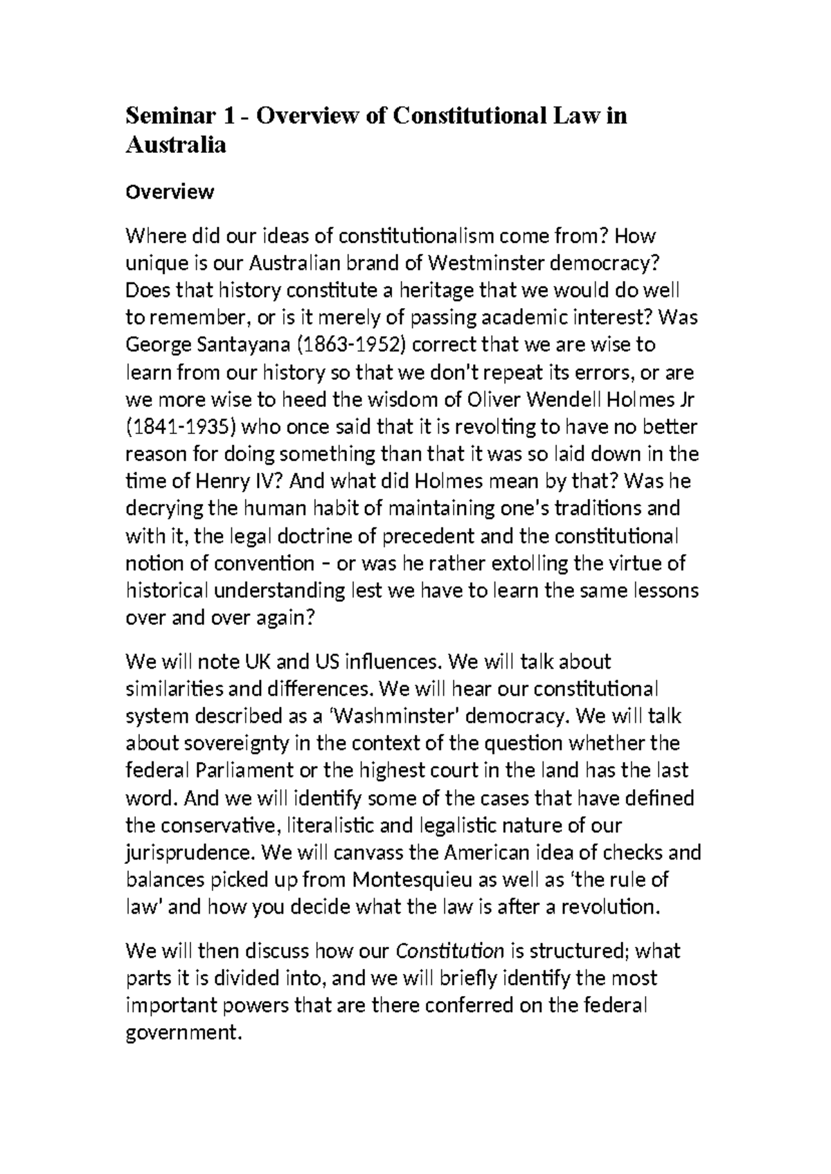 Seminar 1 Constitutional Notes Week 1 - Seminar 1 - Overview of ...