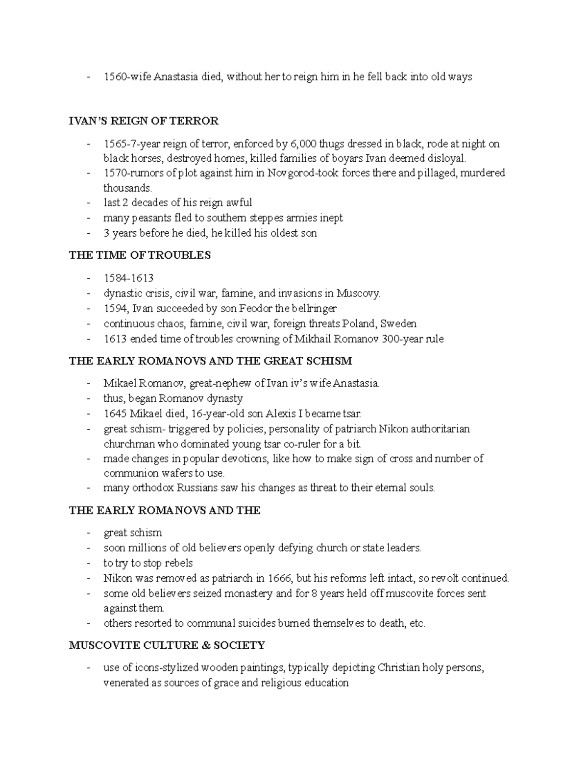 Early Russia Notes 3 - 1560-wife Anastasia died, without her to reign ...