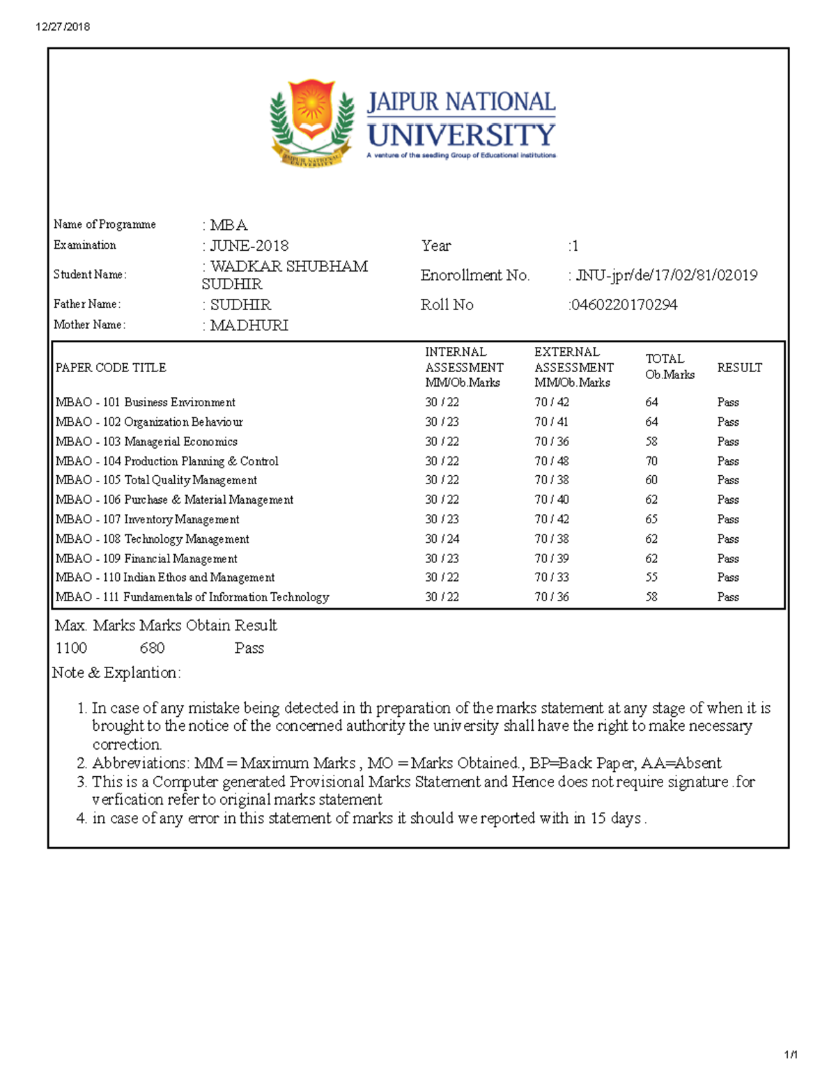 Mba marksheet pdf free - Thanks - 12/27/ 1/ Name of Programme : MBA Examination : JUNE-2018 Year ...