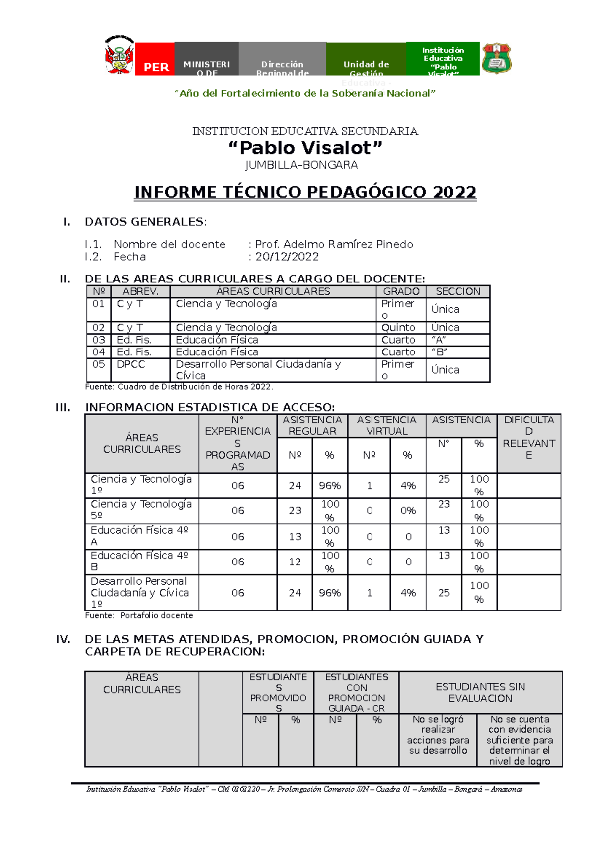 Informe Tecnico Pedagogico 2022 Adelmo Ramirez - PER U MINISTERI O DE EDUCACIO N Dirección ...