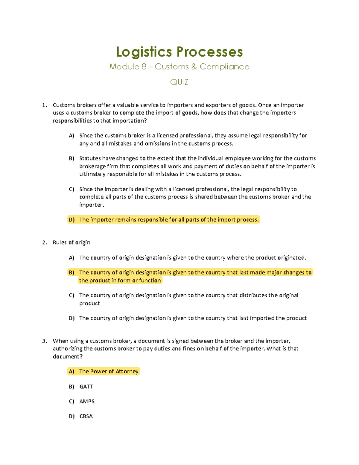 LP Quiz 08 - Customs Compliance - Logistics Processes Module 8 ...