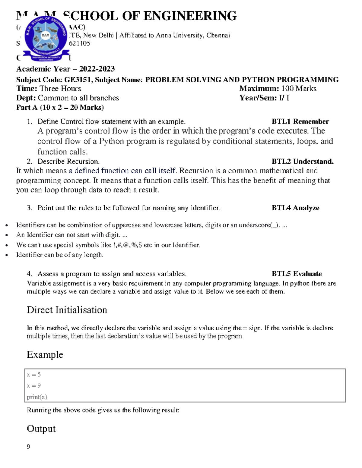 CIA 1 - GE3151 PSPP DEC 2022 Sec C - M.A. SCHOOL OF ENGINEERING ...
