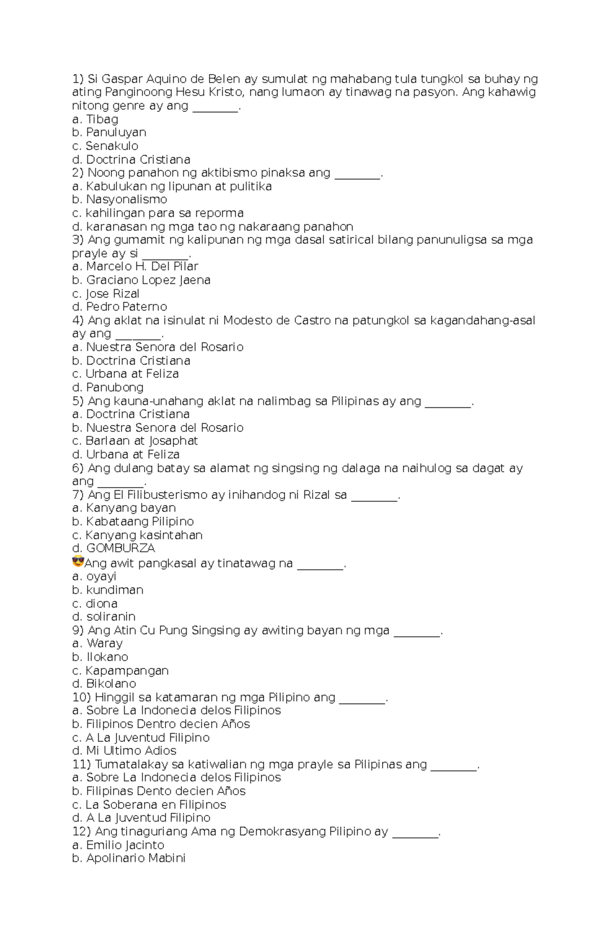 1 - reviewer - Si Gaspar Aquino de Belen ay sumulat ng mahabang tula ...