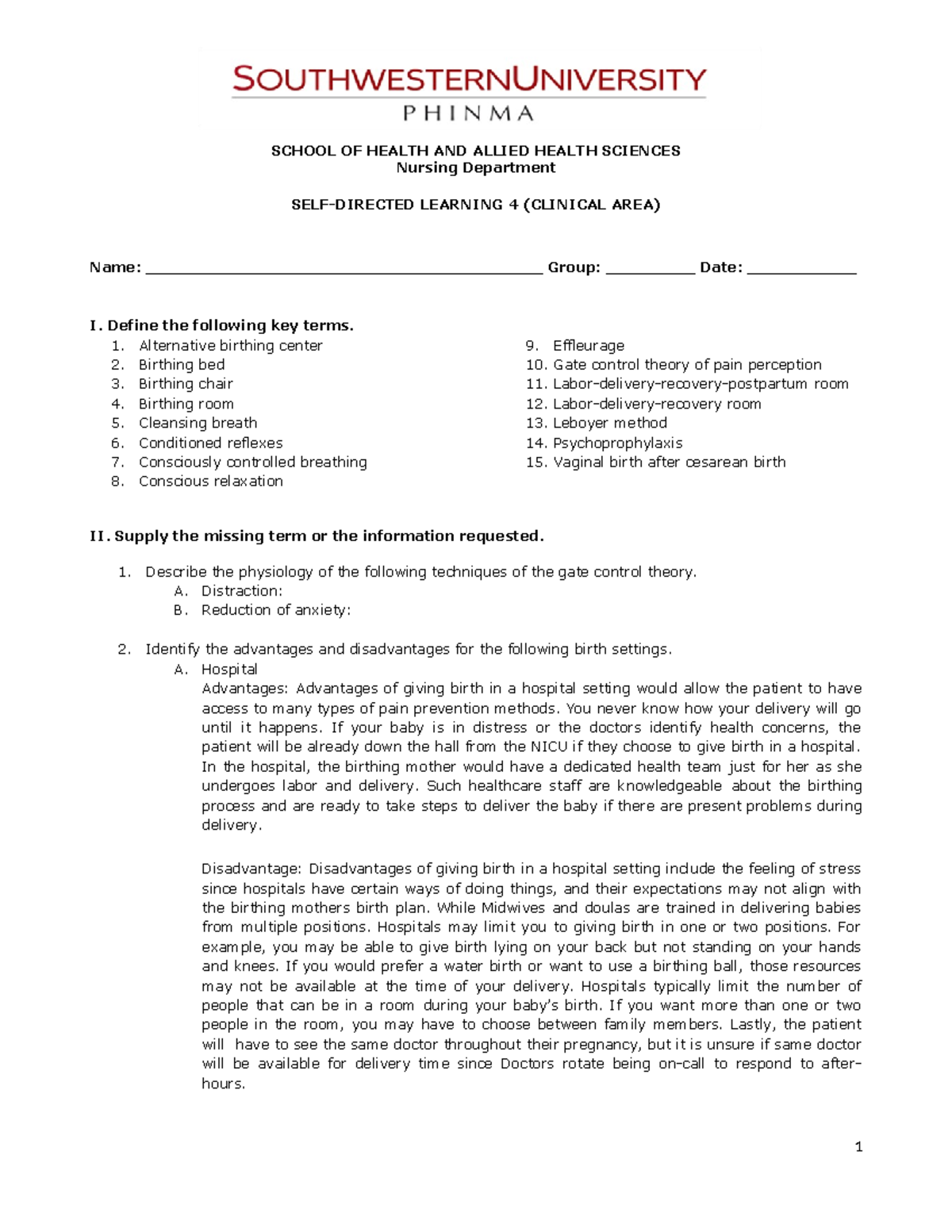 SDL-4 - SD4 Copy with Answers - SCHOOL OF HEALTH AND ALLIED HEALTH ...