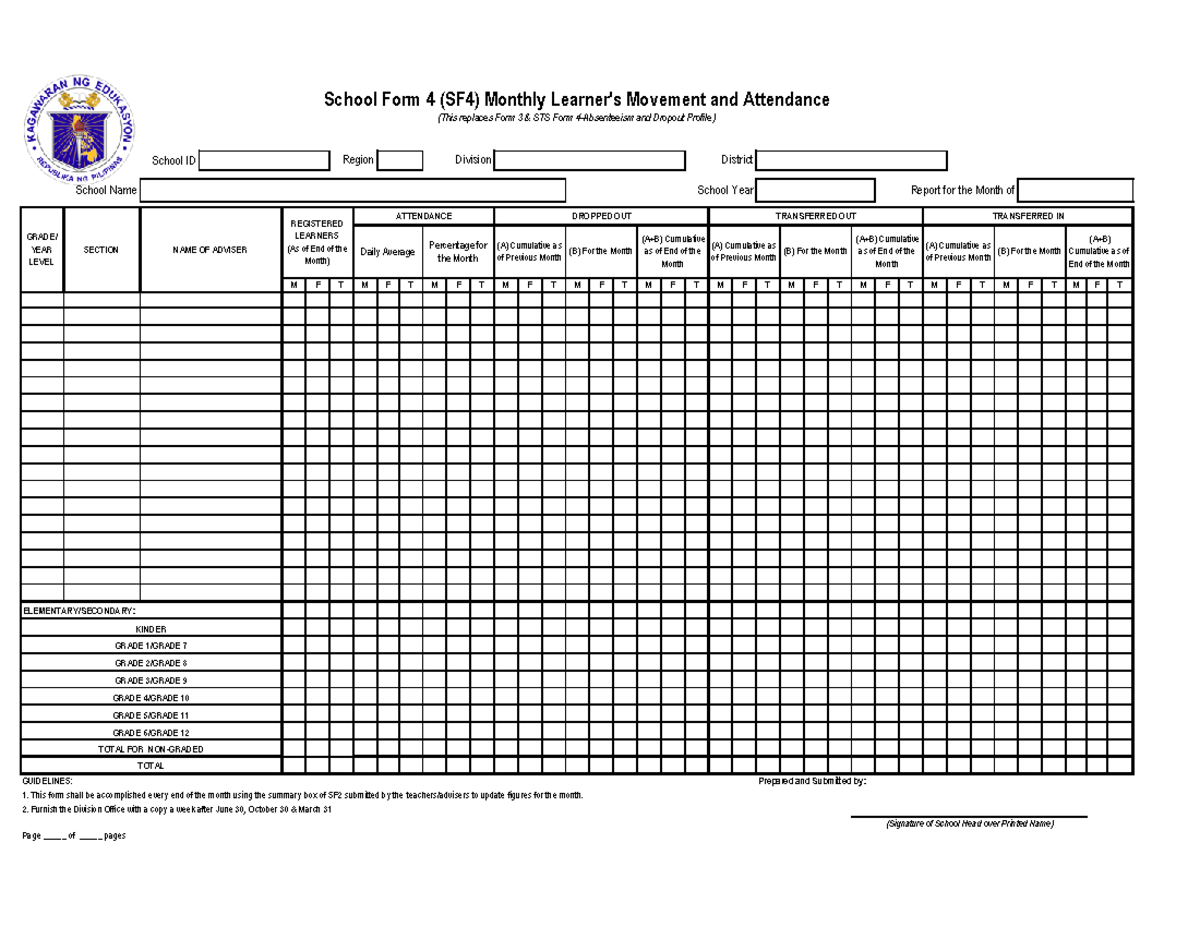 SF 4 Monthly Learner Movement and Attendance - School ID M F T M F T M ...