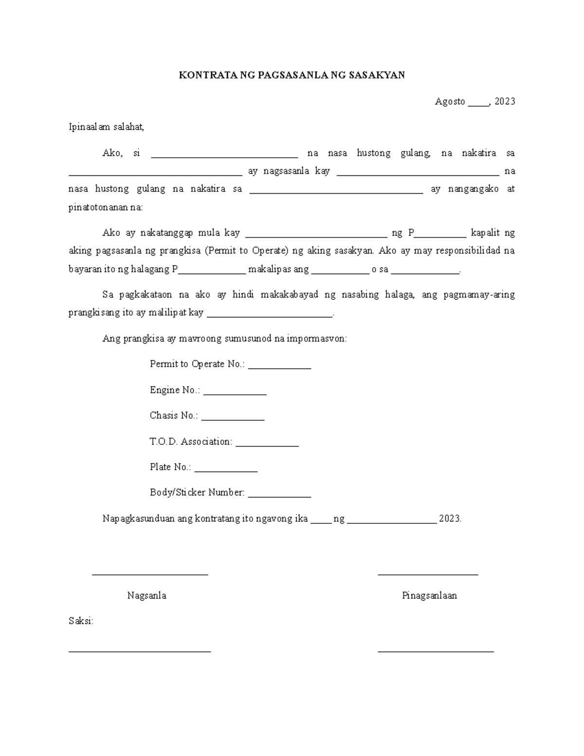 Kontrata NG Pagsasanla NG Sasakyan - KONTRATA NG PAGSASANLA NG SASAKYAN ...