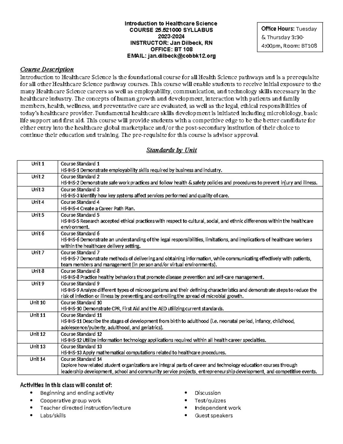 Intro to Healthcare Syllabus 23-24 - Introduction to Healthcare Science ...