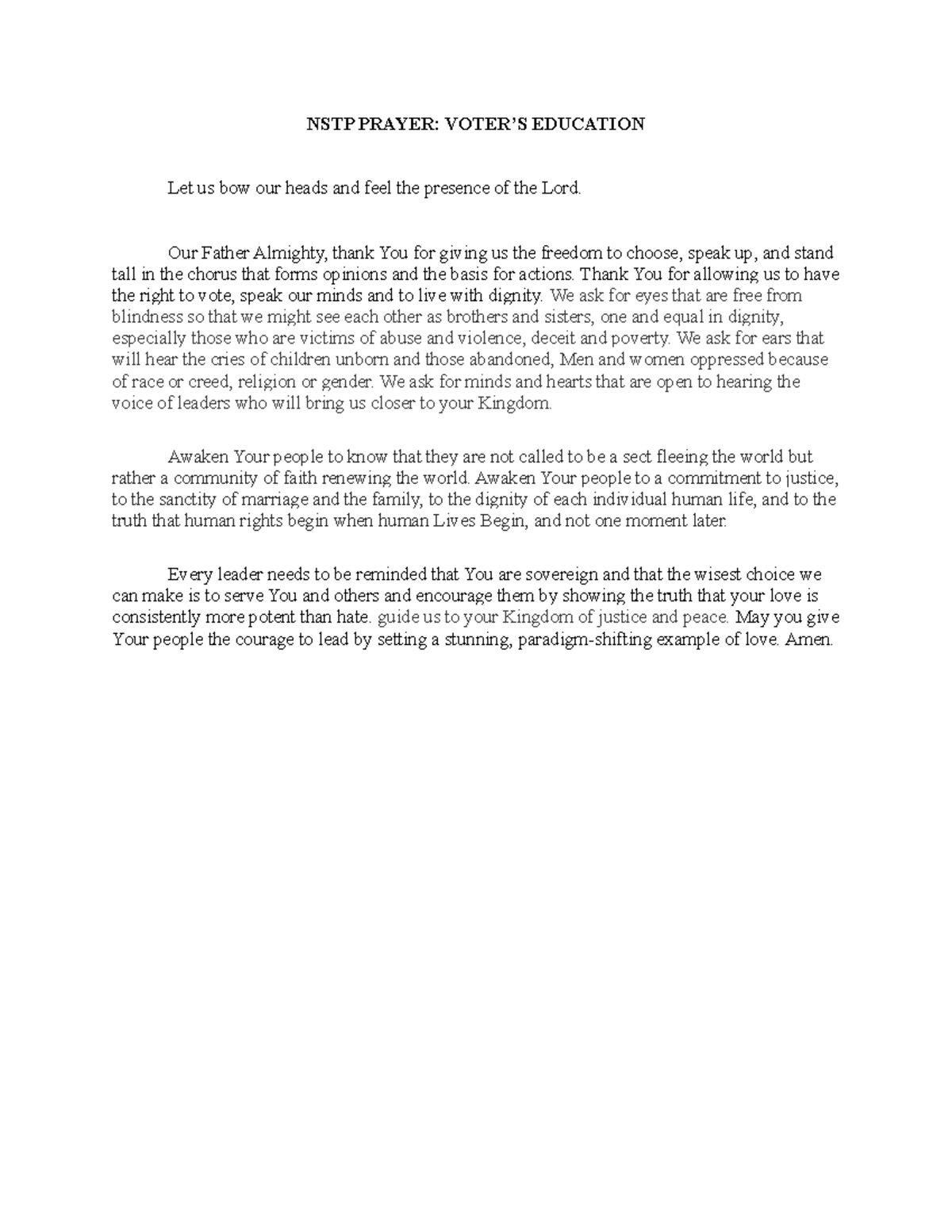 NSTP- Prayer - none - NSTP PRAYER: VOTER’S EDUCATION Let us bow our ...