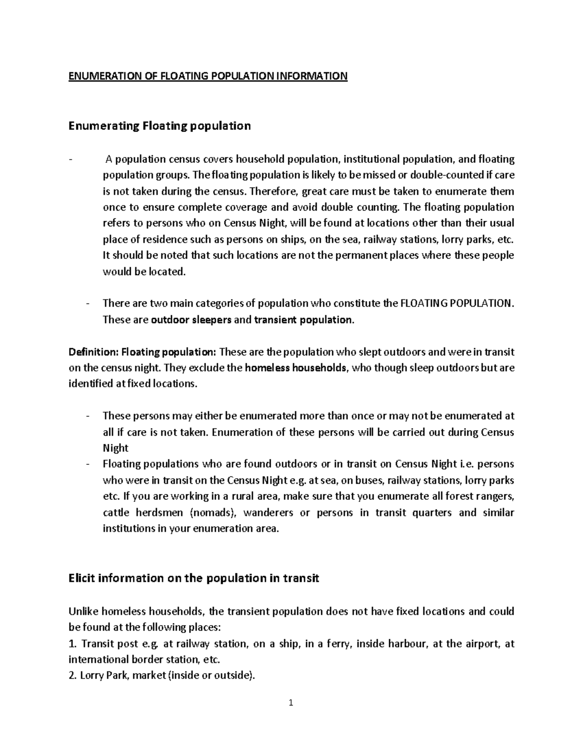 Enumeration OF Floating Population Information DSS - 1 ENUMERATION OF ...