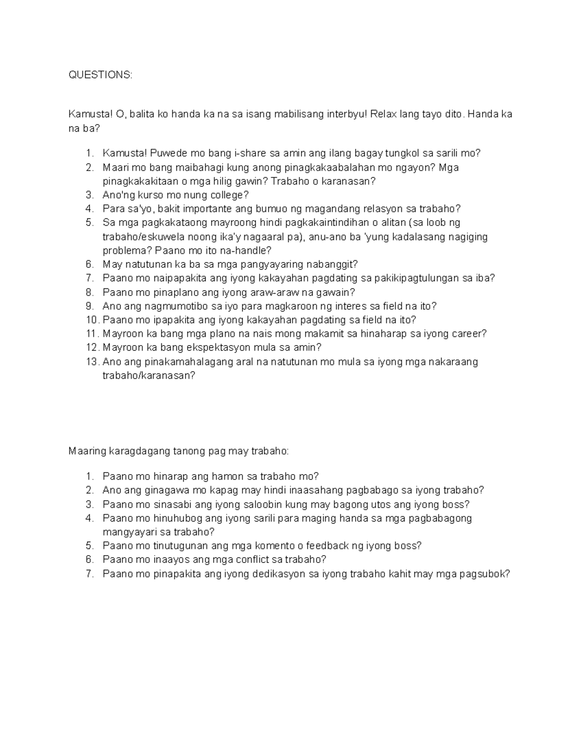 Questions For Pre-Interview - QUESTIONS: Kamusta! O, balita ko handa ka ...