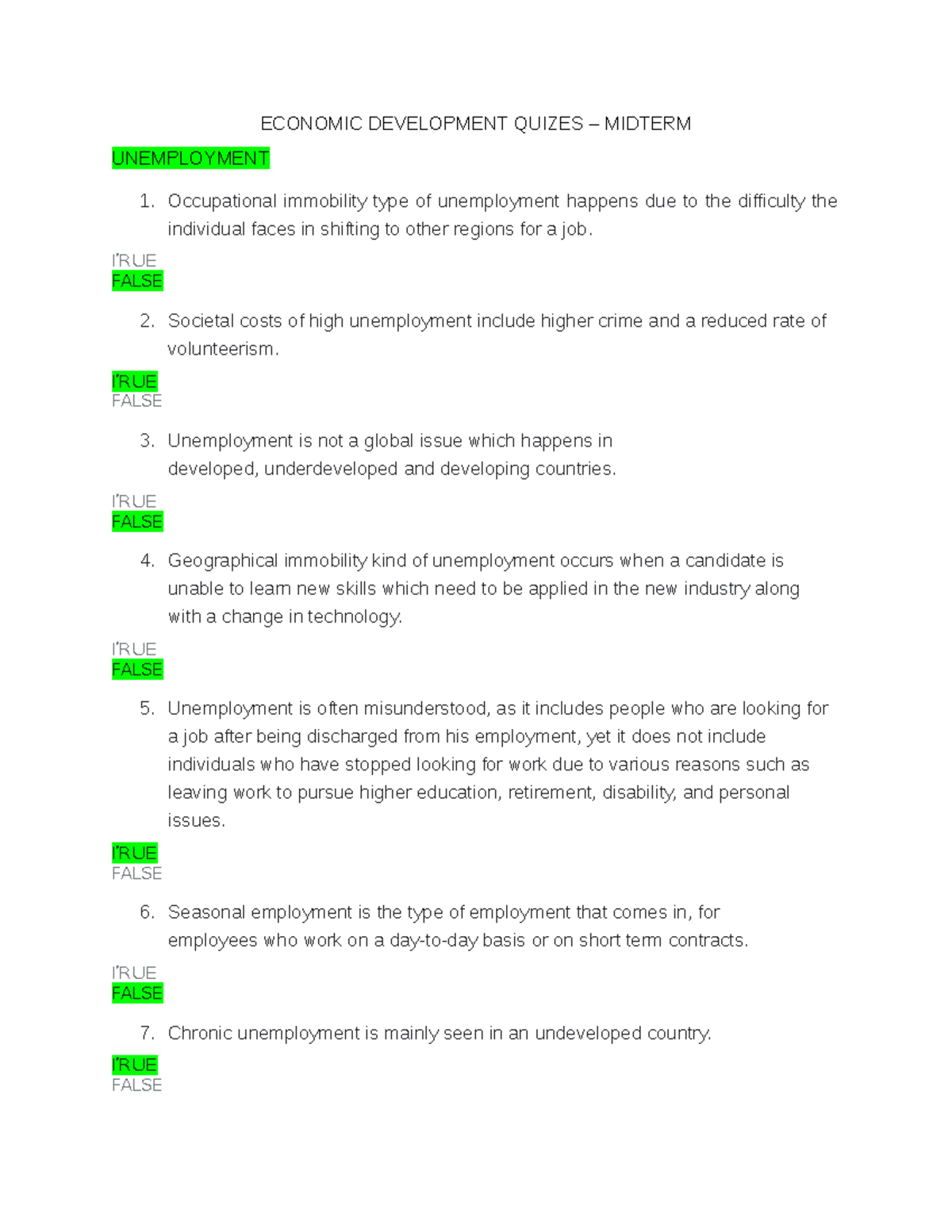 Economic Development Quizes AND EXAM - Midterm - ECONOMIC DEVELOPMENT ...