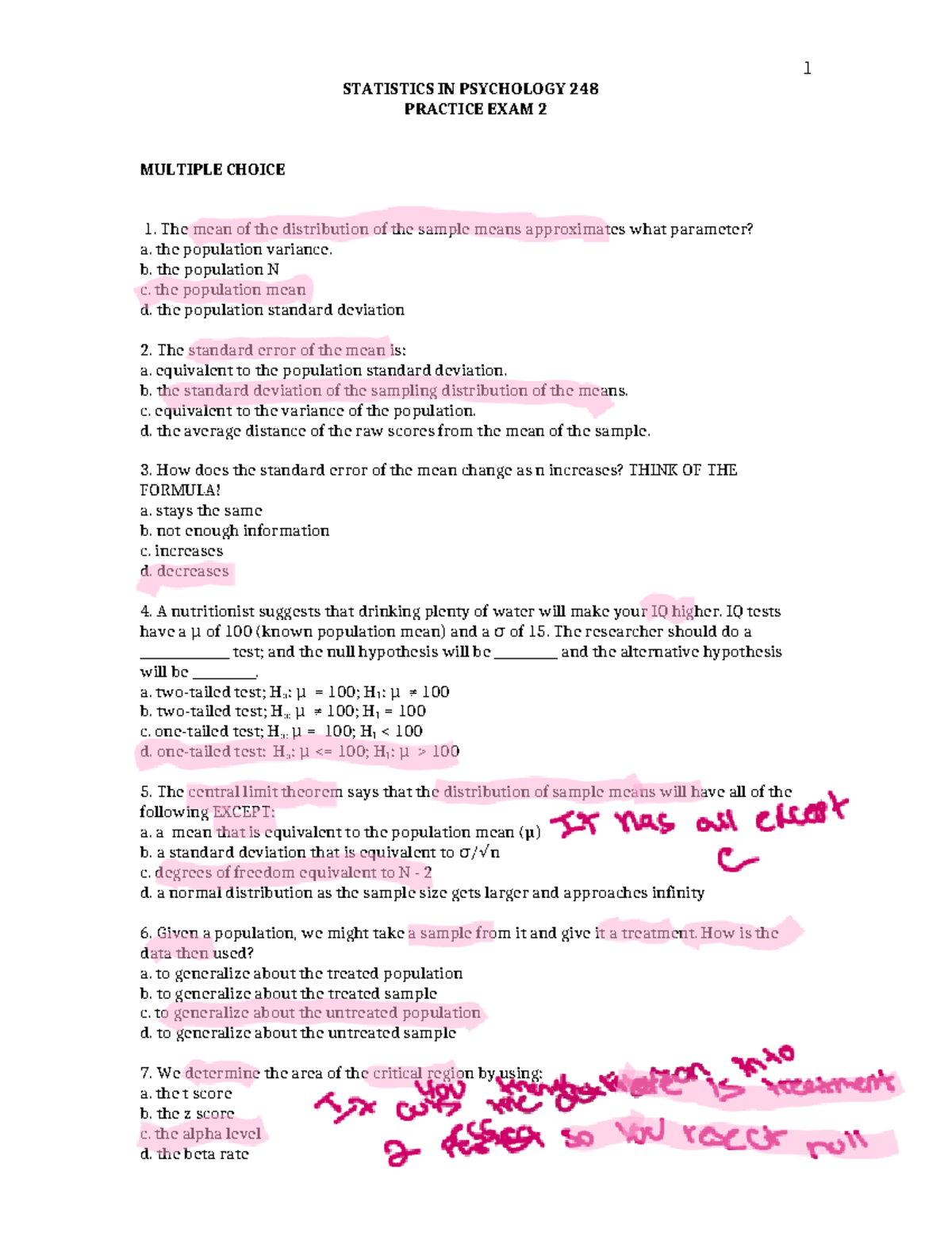 Practice Exam 2MC REV - Exam notes - STATISTICS IN PSYCHOLOGY 248 ...