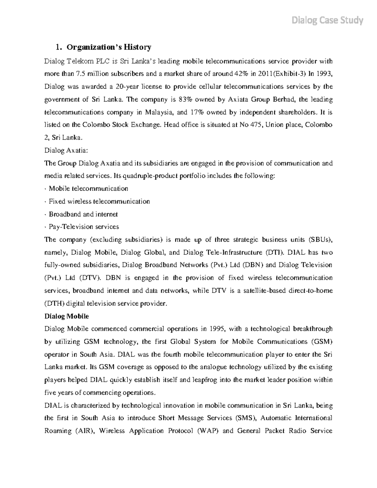 Dialog Case Analysis Final - 1. Organization’s History Dialog Telekom ...