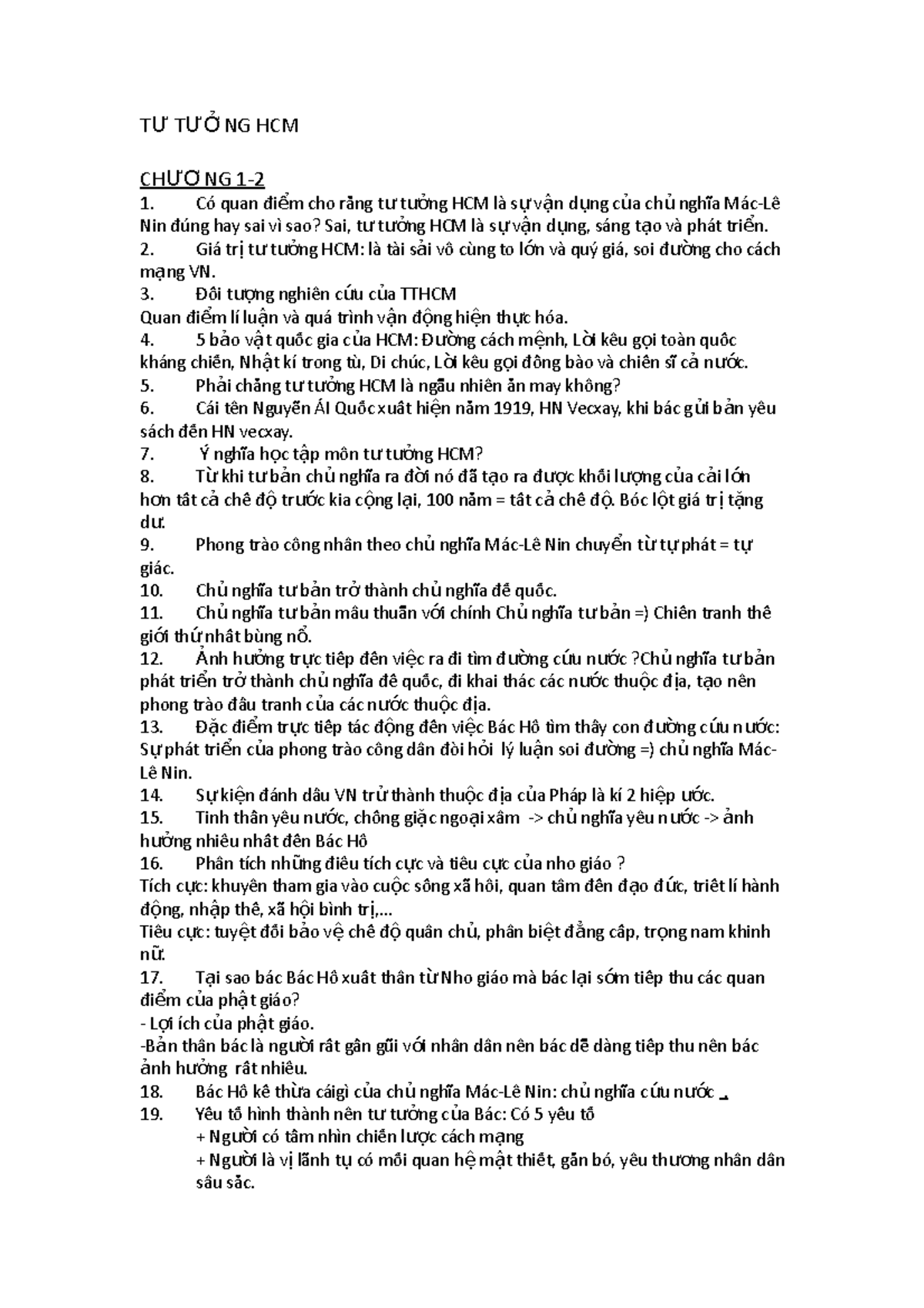 TƯ TƯỞNG HCM theo chương - T Ư T ƯỞNG HCM CH ƯƠNG 1- Có quan đi ểm cho rằằng t ư ưởt ng HCM là s ...