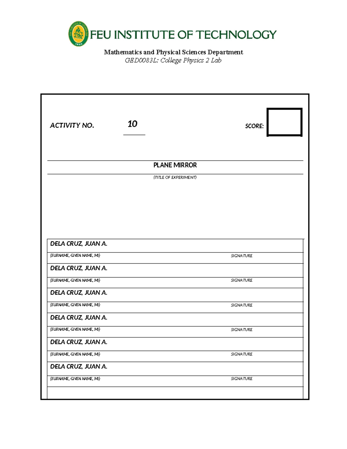 EXP10 - GED0083L: College Physics 2 Lab ACTIVITY NO. 10 SCORE: PLANE ...
