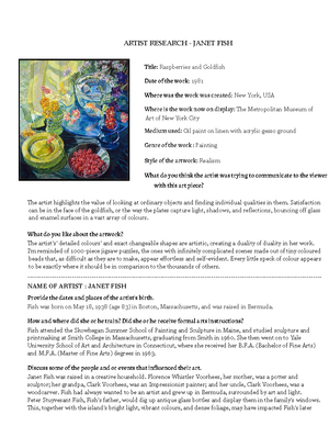 Artist Study Research Worksheet - ARTIST RESEARCH - JANET FISH Title ...