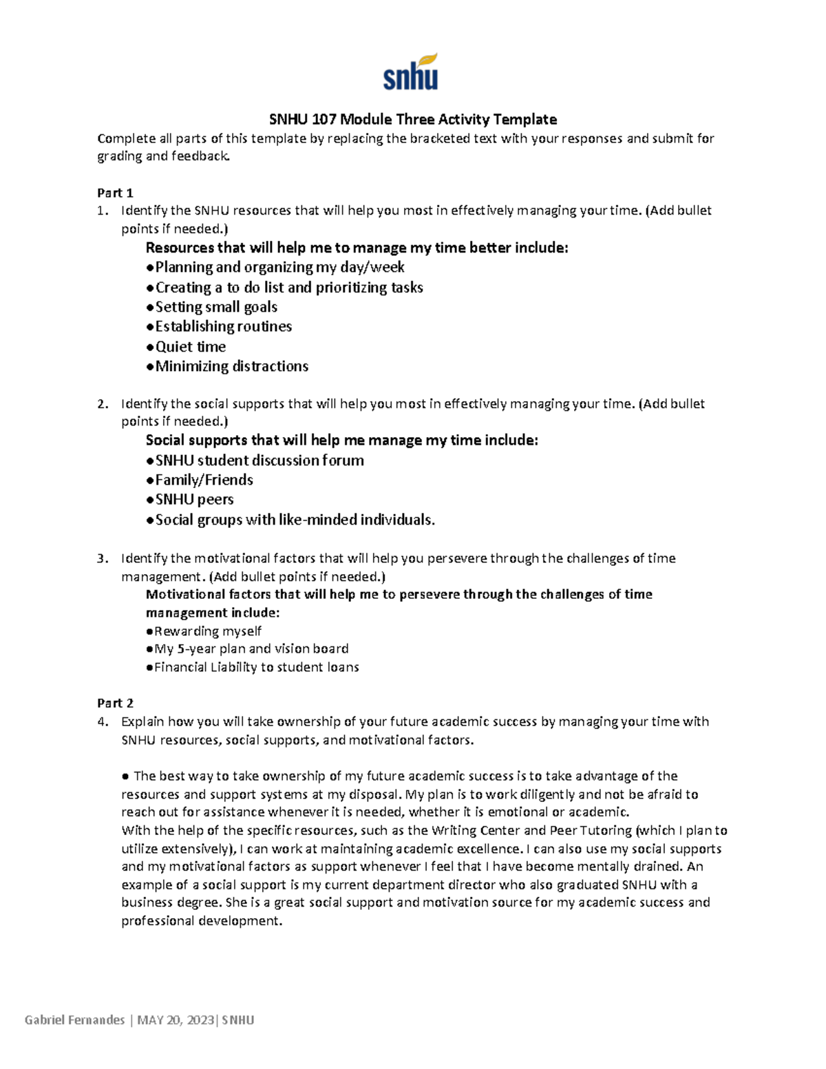 SNHU 107 Module Three Activity - Part 1 Identify the SNHU resources ...
