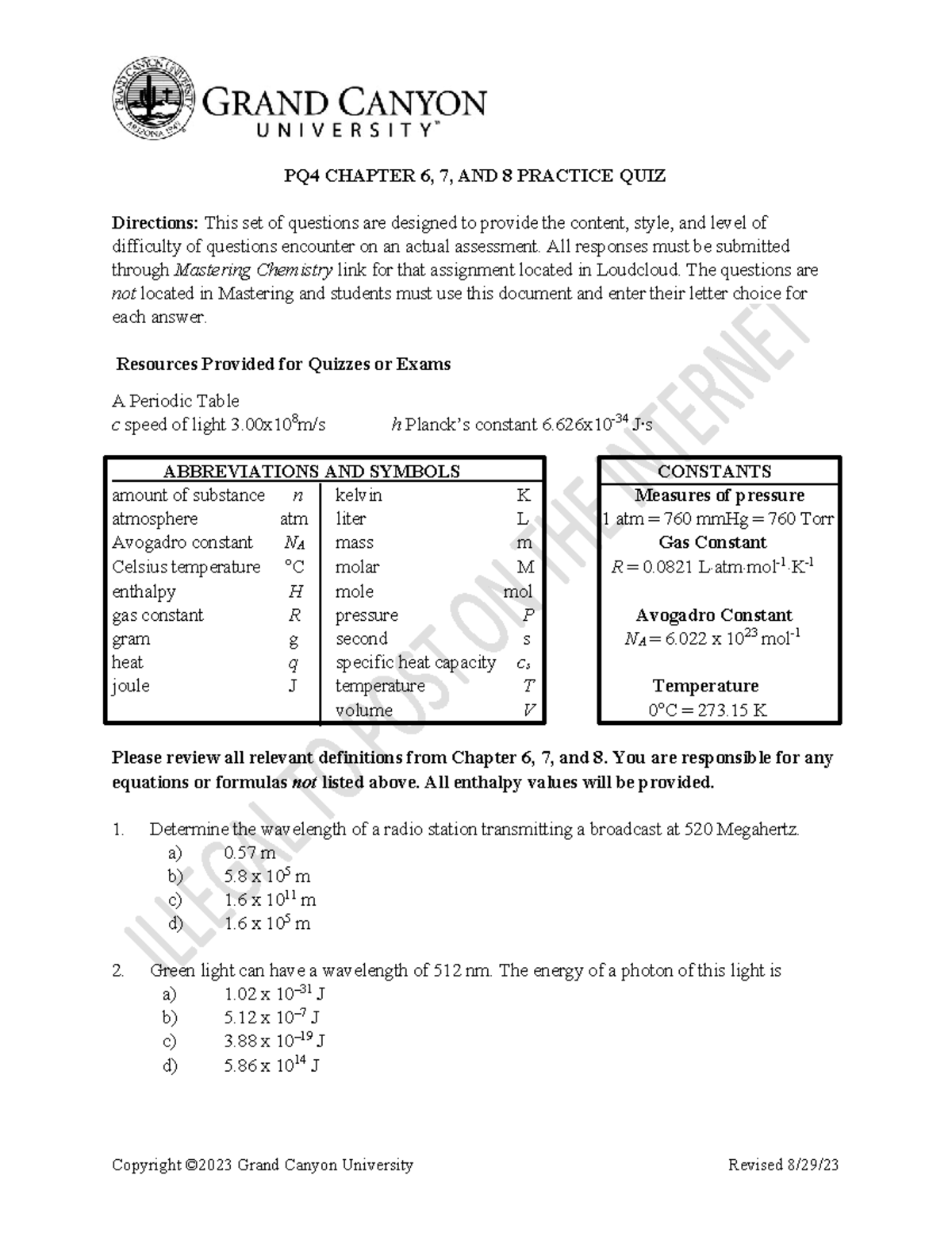 CHM113 Practice Quiz 4: Chapters 6, 7, and 8 Review - PQ4 CHAPTER 6, 7 ...