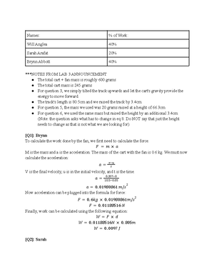 PH 101 Lab, Lab 6, Group 1 - Name % of Work Will Anglea 33% Brynn Abbott 33% Sarah Arafat 33% ...