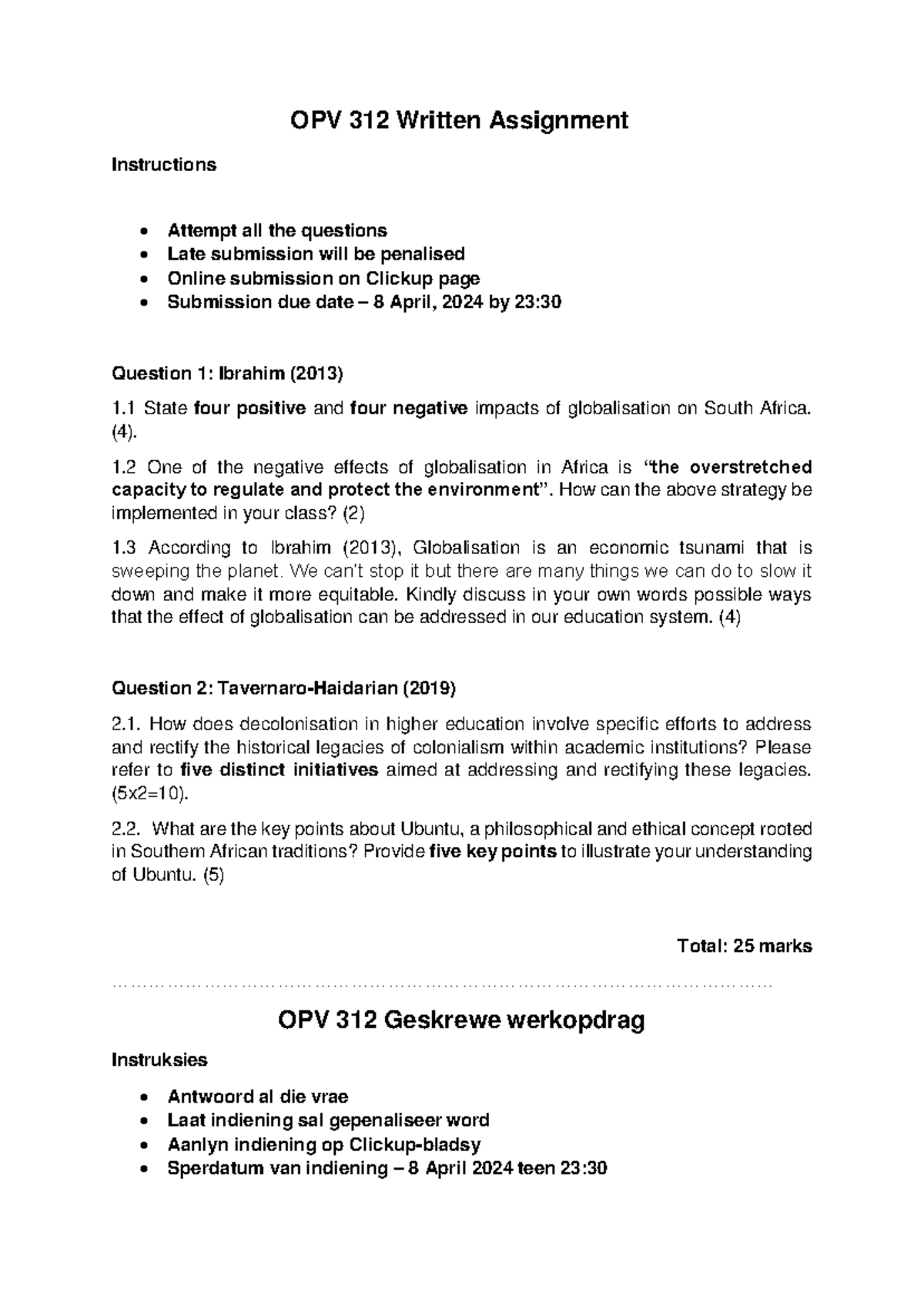 Final Assignment 1 2024 8 April 2024 02 - Instructions OPV 312 Written Assignment Attempt all ...