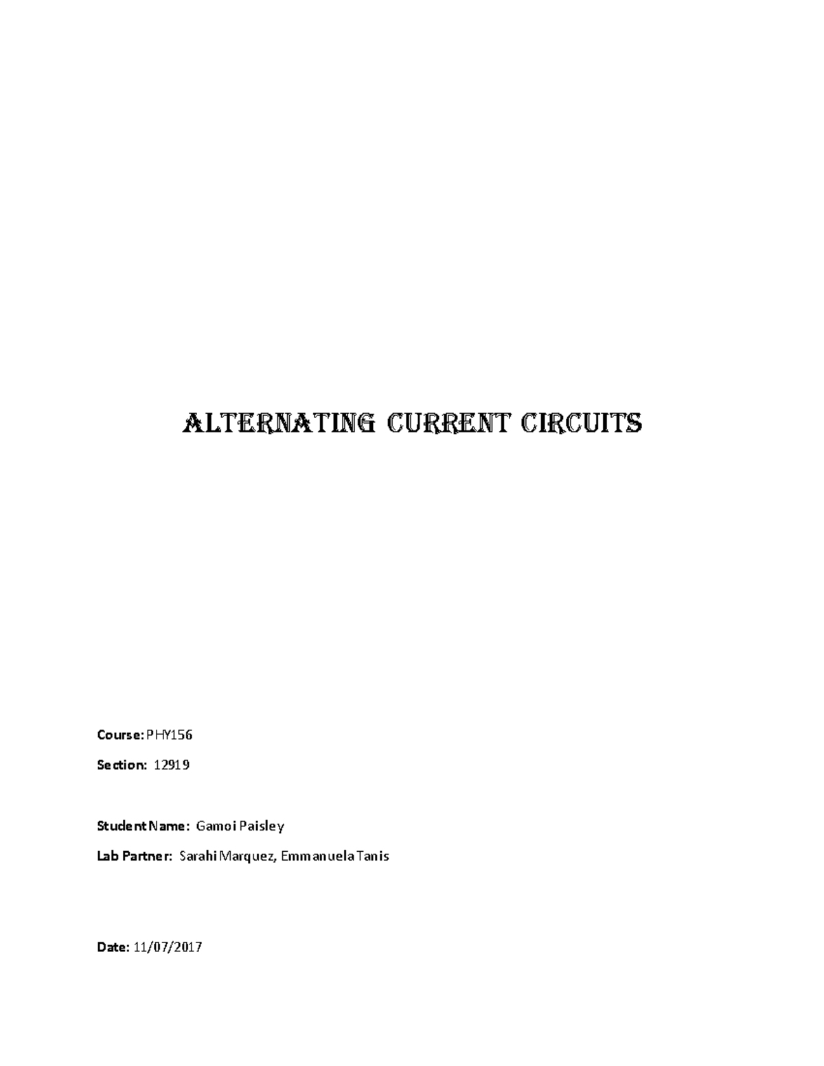 Lab 9 Alternating Current Circuits - Alternating Current Circuits ...