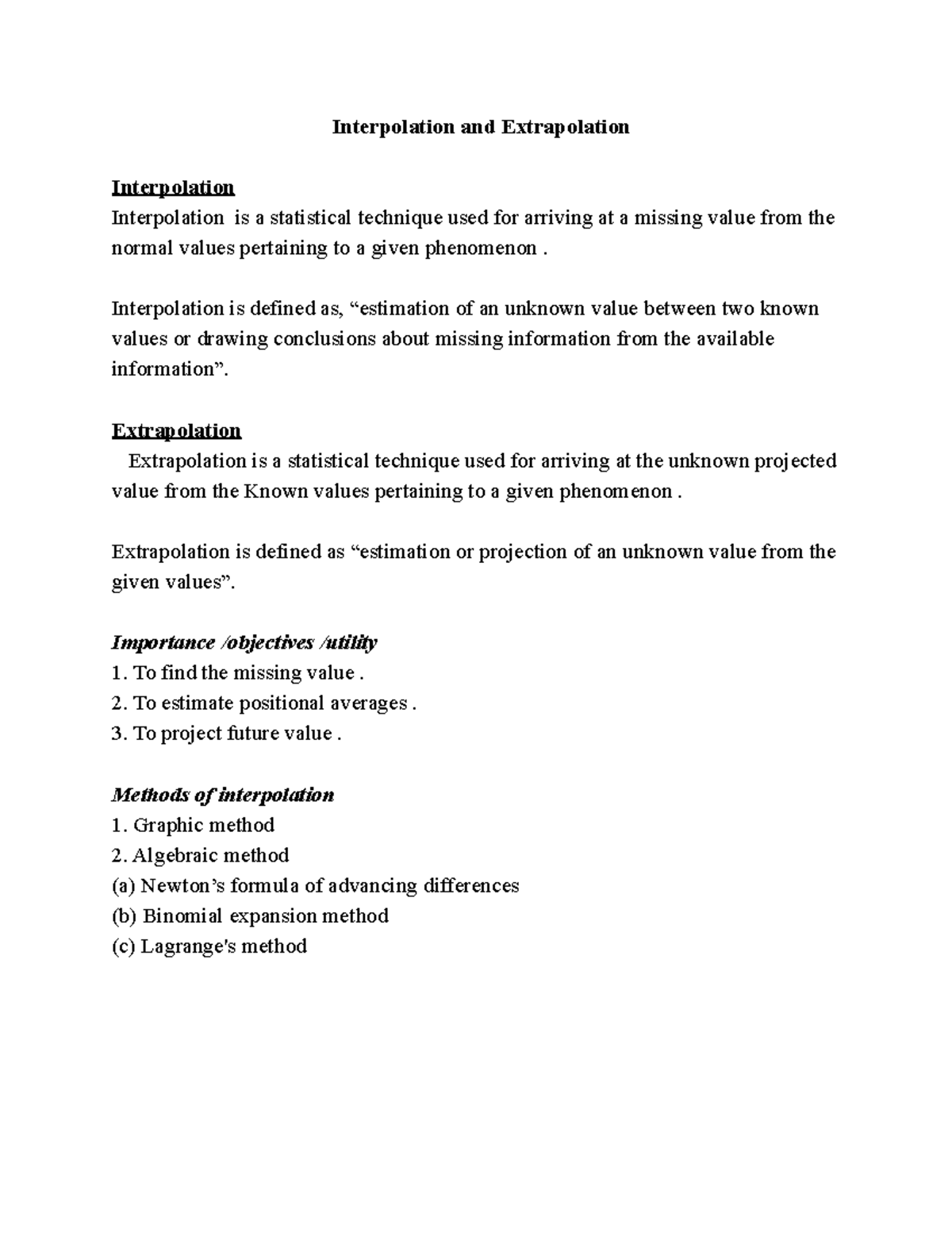 Qt Short Notes Summary Quantitative Techniques Interpolation And Extrapolation Interpolation