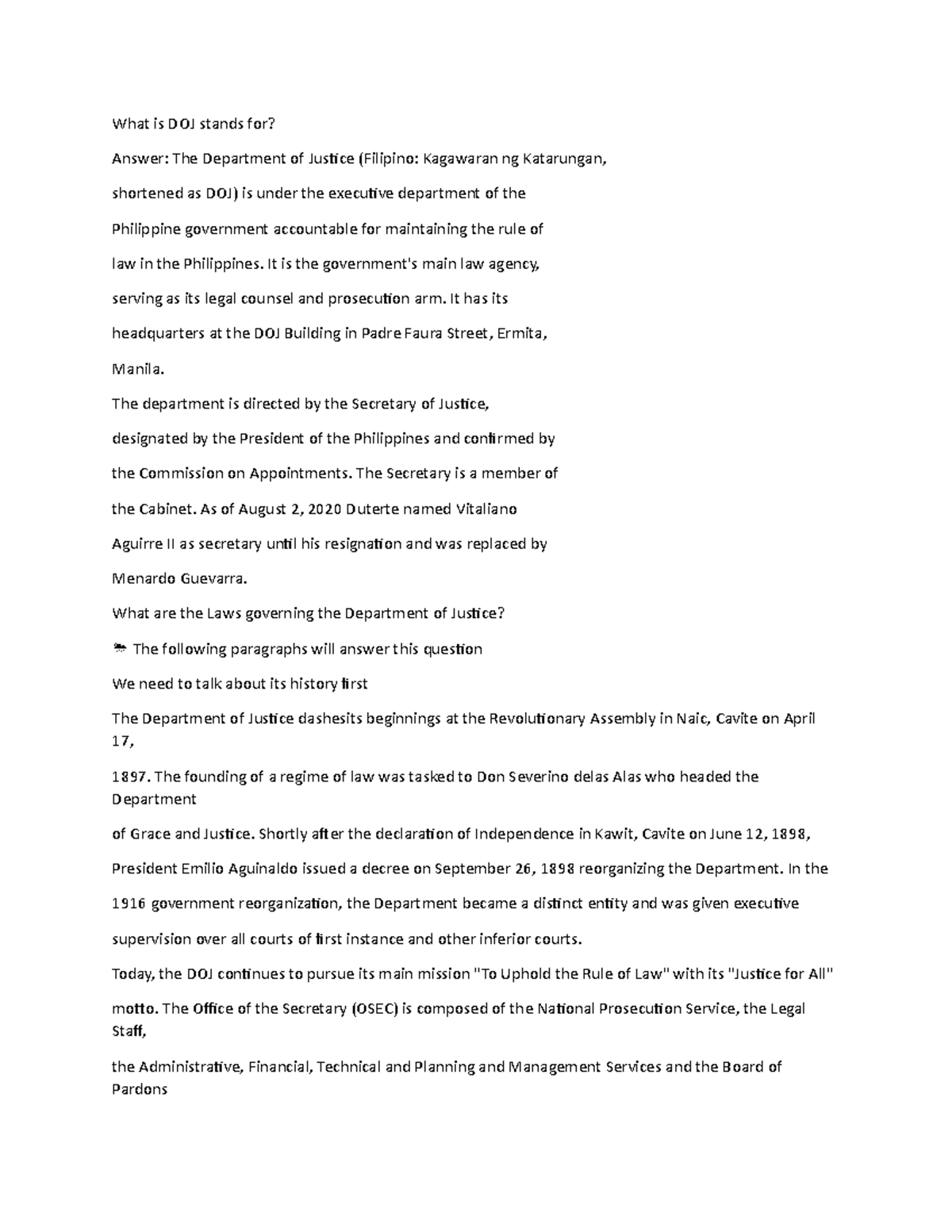 Lecture Notes LEA8 - What is DOJ stands for? Answer: The Department of ...