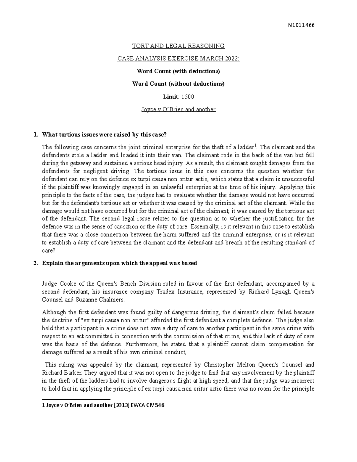 Summative TORT LAW Coursework ( Krystal Wachira-N1011466) - N TORT AND ...