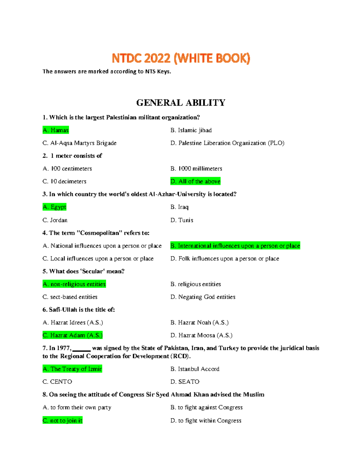 NTDC 31 December 2022 - The answers are marked according to NTS Keys. GENERAL ABILITY Which is ...